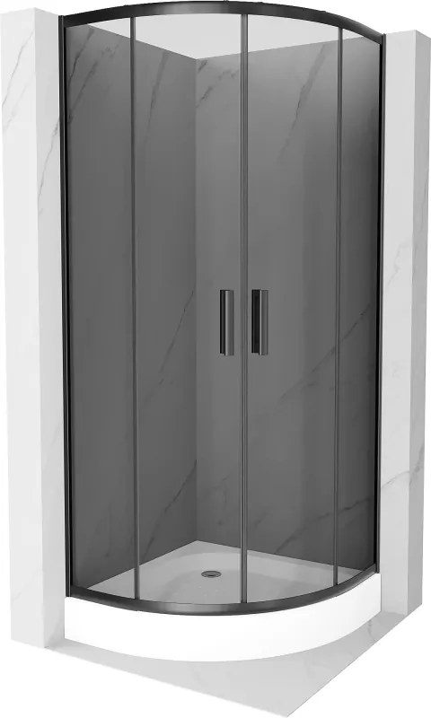 Mexen Rio, čtvrtkruhový sprchový kout s posuvnými dveřmi 90 (dveře) x 90 (dveře) x 190 cm, 5mm šedé sklo, černý profil + Rio sprchová vanička bílá, 863-090-090-70-40-4710