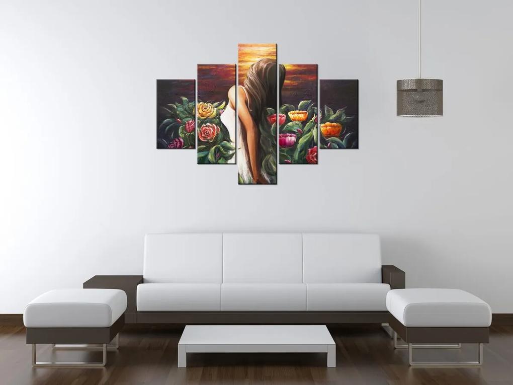 Gario Ručně malovaný obraz Žena mezi květinami - 5 dílný Rozměry: 150 x 70 cm