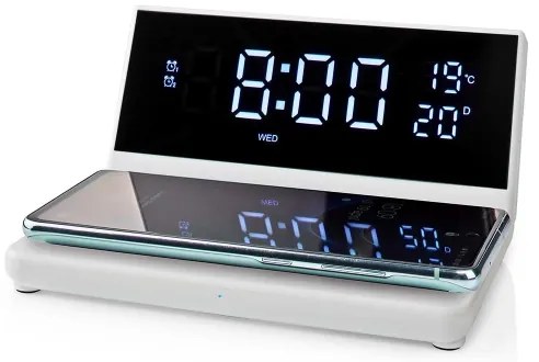 Nedis WCACQ20WT - Budík s LCD displejem a bezdrátovou nabíječkou 15W/5V bílá
