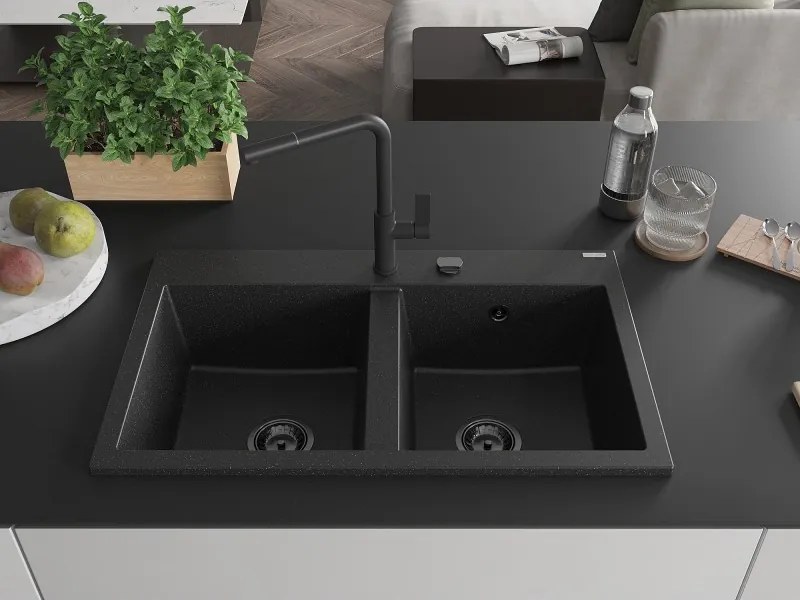 Mexen Hektor, 2-komorový granitový dřez 800x480x205 mm, černá-stříbrná metalíza, grafitový sifon, 6521802000-73-B