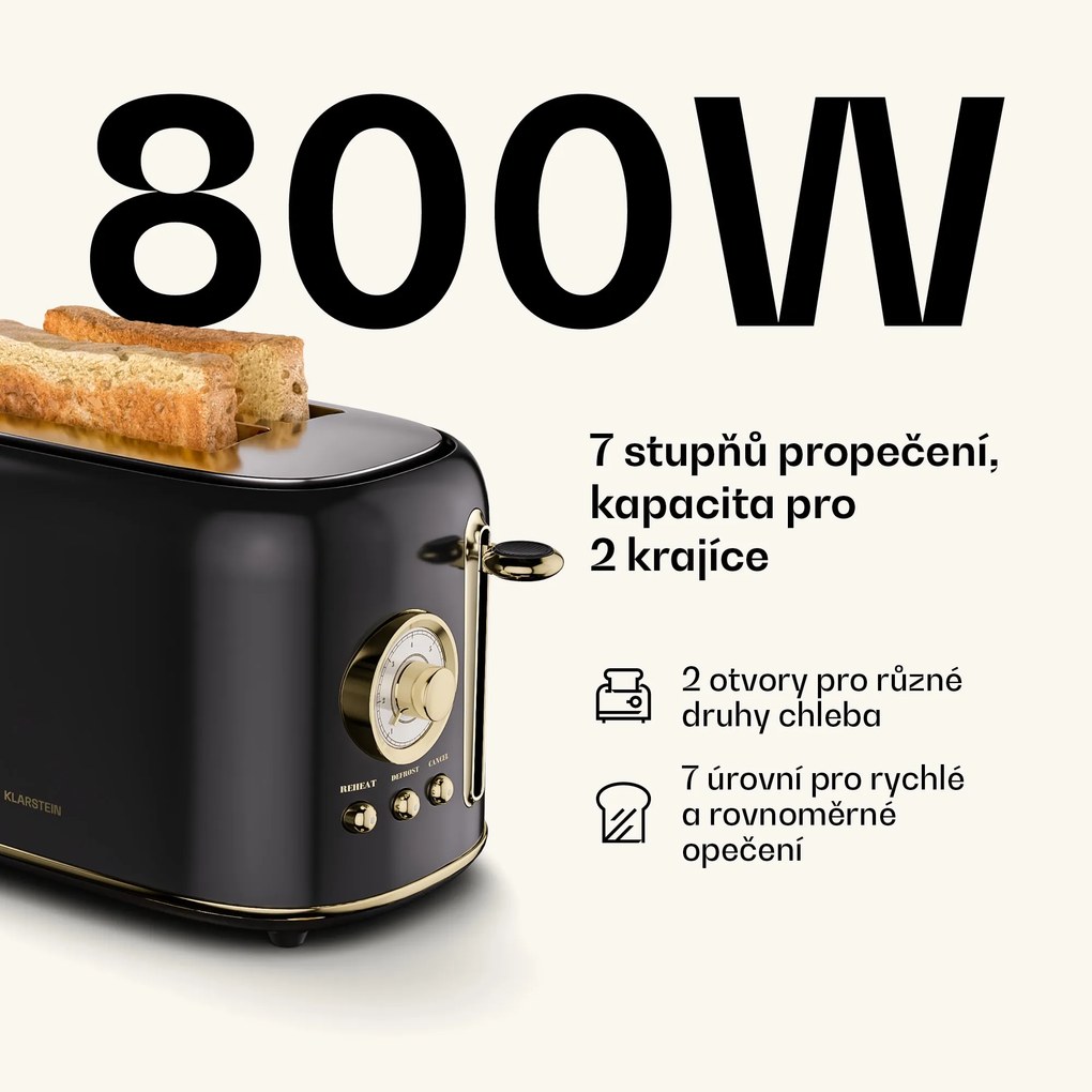 Klarstein Victoria toustovač | 2-slotový toustovač | 800 W | 7 stupňů opečení | držák na housky