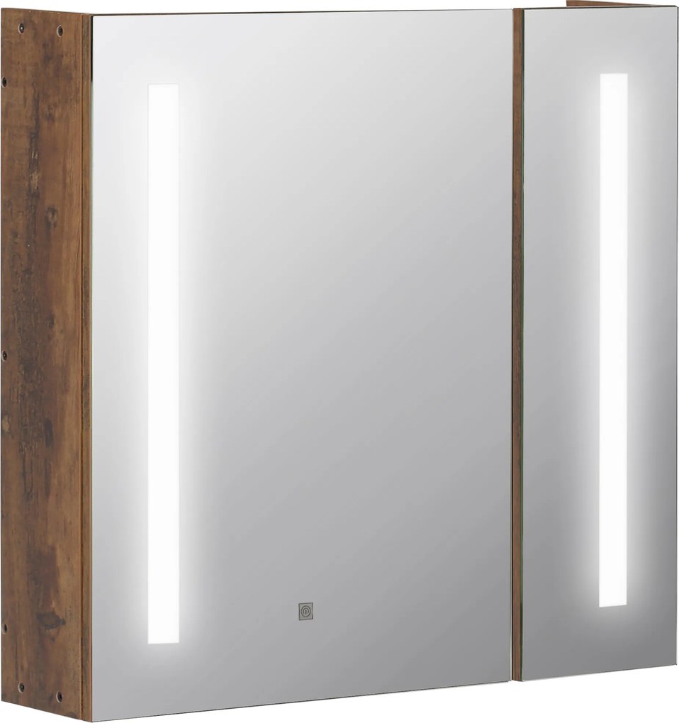 kleankin Nástěnná zrcadlová skříňka s LED osvětlením do koupelny, 2 dveře s 3 úrovněmi, 70 x 15 x 65 cm, vzhled dřeva