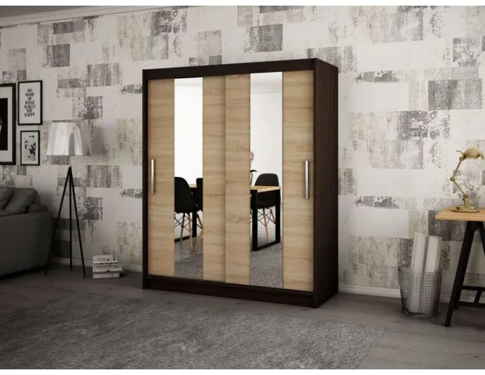 Krásná šatní skříň se zrcadly a posuvnými dveřmi Margaret 150 v barvě wenge-dub sonoma