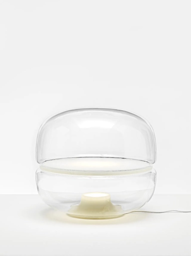 Designová stolní lampa Brokis Macaron L, PC1040 Barva skla: Amber - transparentní sklo, Základna: Dub evropský - bíle mořený (CSFB1575), Disk: Onyx medový (CSOP1533)