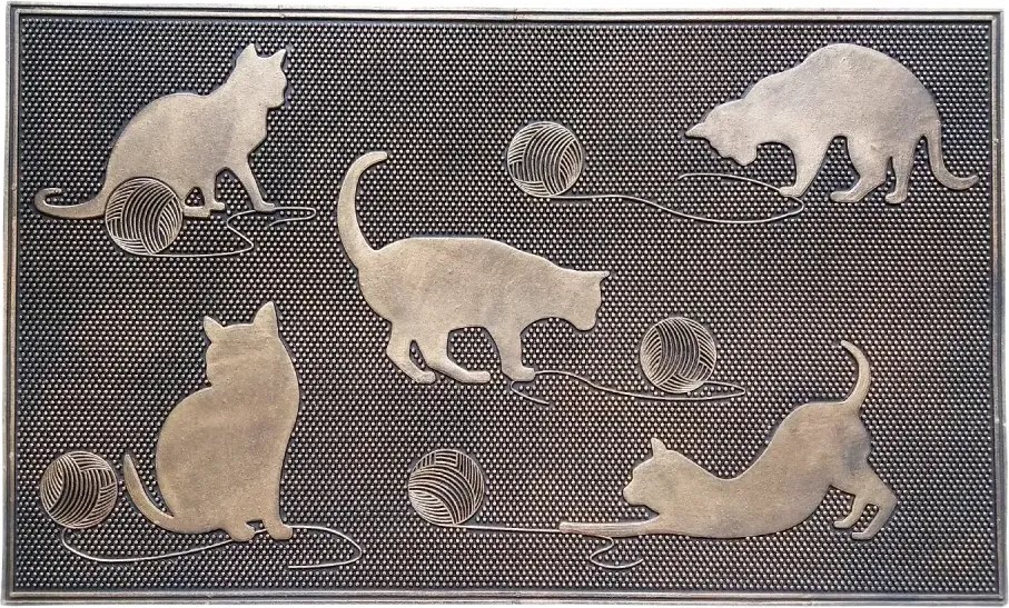 Gumová rohožka 5 koček, 75 x 45 cm – s bronzovou patinou, do domu a na terasu, odolná, s hravým motivem