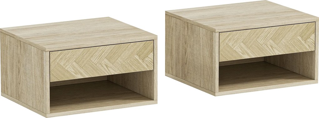 HOMCOM Sada 2 moderních závěsných nočních stolků s šuplíkem a otevřenou přihrádkou, 37x32x21 cm, přírodní dřevo