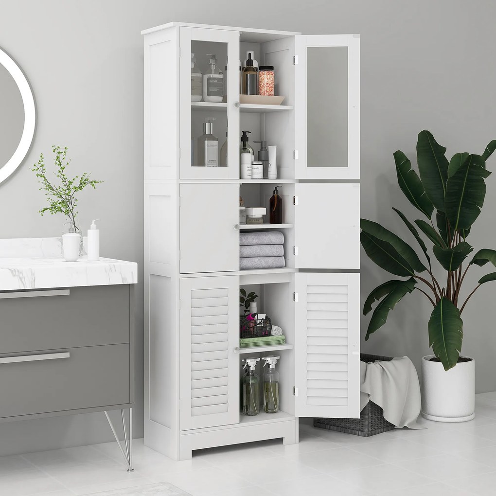 HOMCOM Sloupcový pomocný nábytek do koupelny s 6 dveřmi, nastavitelnými policemi a protiskluzovým designem moderní koupelnová skříň 60x30x170,5 cm bí…