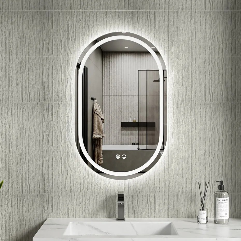 Erga Lyra, oválné LED zrcadlo 50x80cm, 3 barvy světla, přední a zadní osvětlení, vyhřívací podložka proti zapaření, ERG-V01-Lyra-5080-CL