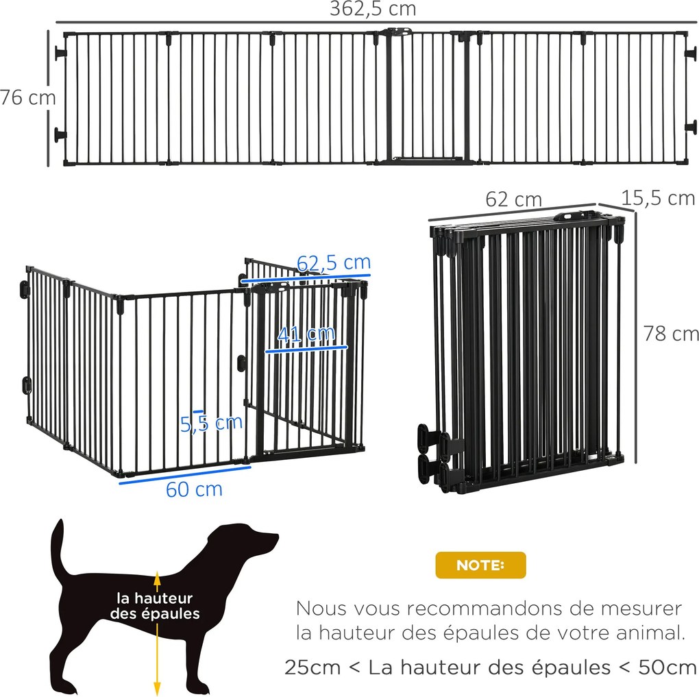 PawHut Bezpečnostní Bariera na Krb Modrý Ochranný Oplocení pro Domácí Zvířata Modulární Skládací 6 Panelů s Dveřmi Bez Vrtání 362,5 x 76 cm Černá