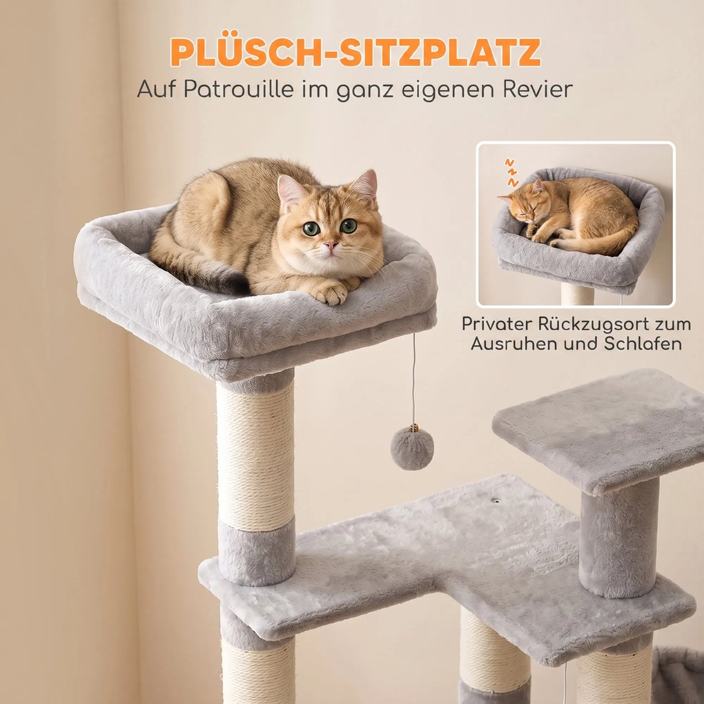 PawHut Škrabadlo velké, 152 cm vysoký kočičí strom se škrabacími sloupky, jeskyně 2 vstupy, 3 míčky, houpačka, 6 kg, světle šedá
