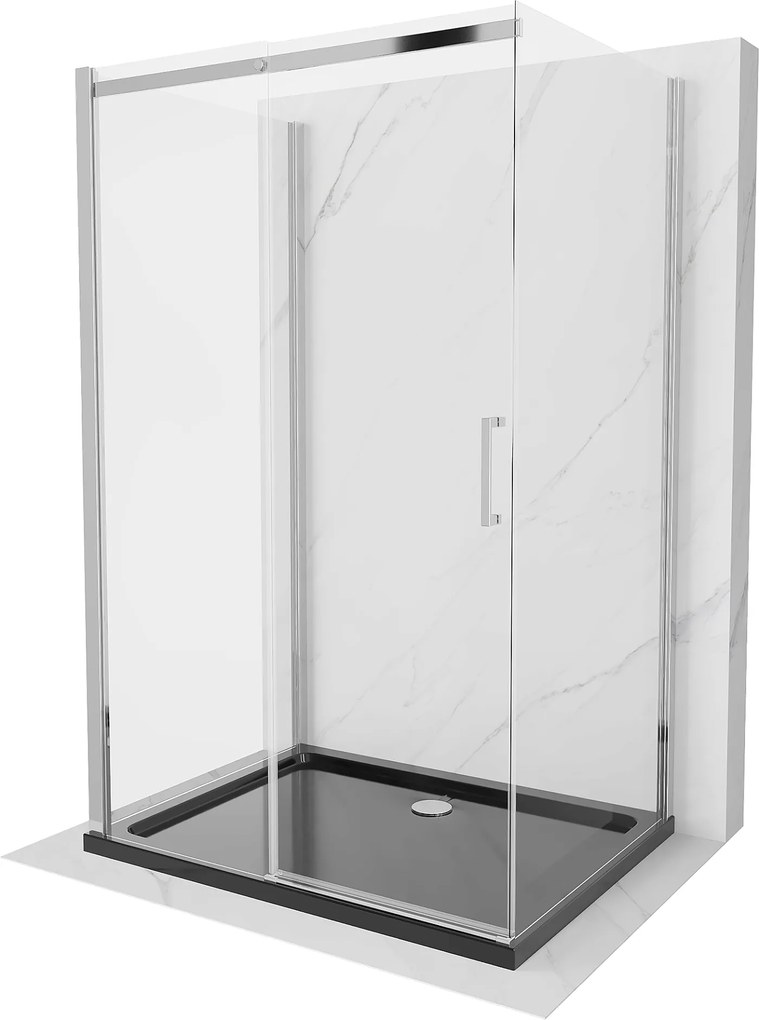 Mexen Omega, 3-stěnový sprchový kout s posuvnými dveřmi 100 (dveře) x 100 (stěna) x 190 cm, 8mm čiré sklo, chromový profil + černá sprchová vanička SLIM, 825-100-100-01-00-3S-4070
