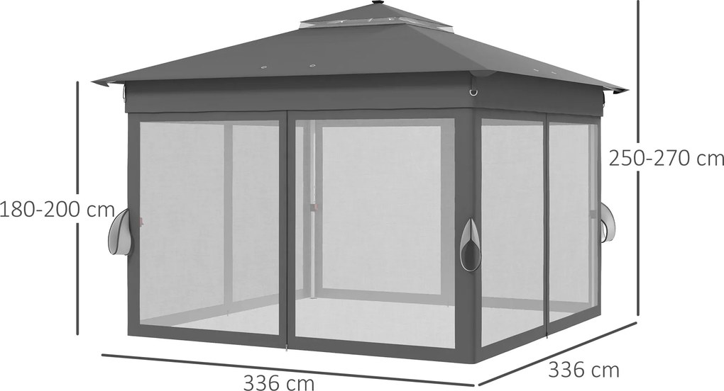 Skládací altán Outsunny cca 3 x 3 m, altán s LED, 4 síťové závěsy, boční stěna, zahradní altán s vakem na vodu, dvojitá střecha, taška na přenášení, …
