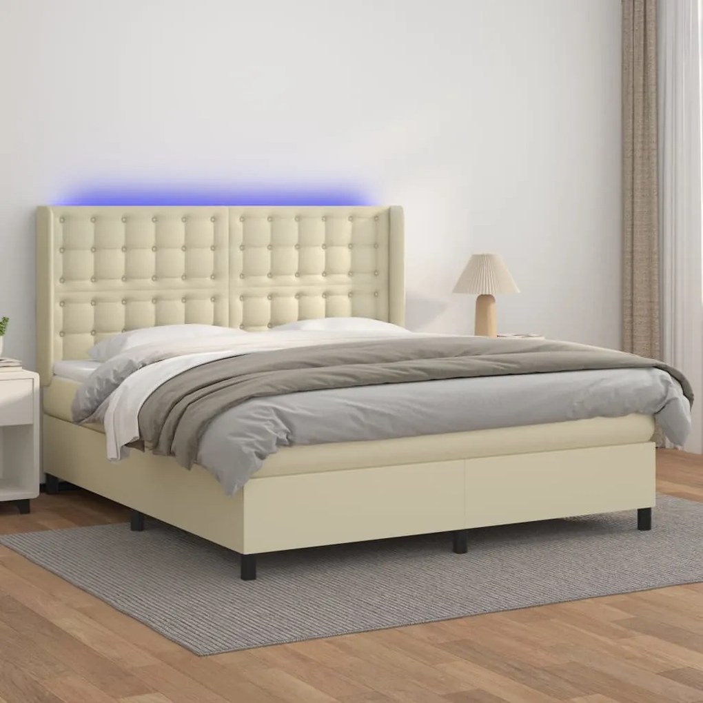 Box spring postel s matrací a LED krémová 160x200 cm umělá kůže 3139393