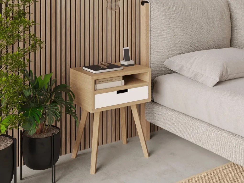 Benlemi Dřevěný noční stolek ve scandi stylu HYLLE bílý Zvolte kvalitu dřeva: 1. Dubový masiv třídy A