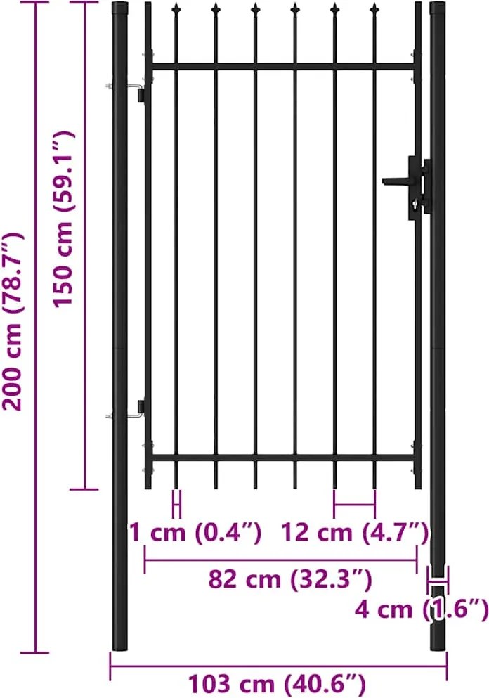 Zahradní branka s hroty ocelová 1 x 1,5 m černá 146034