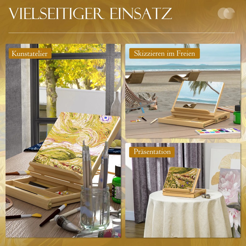 Vinsetto easel přenosný stojan studio easel skládací a úhlově nastavitelný se zásuvkou z přírodního bukového dřeva pro kreativní projekty