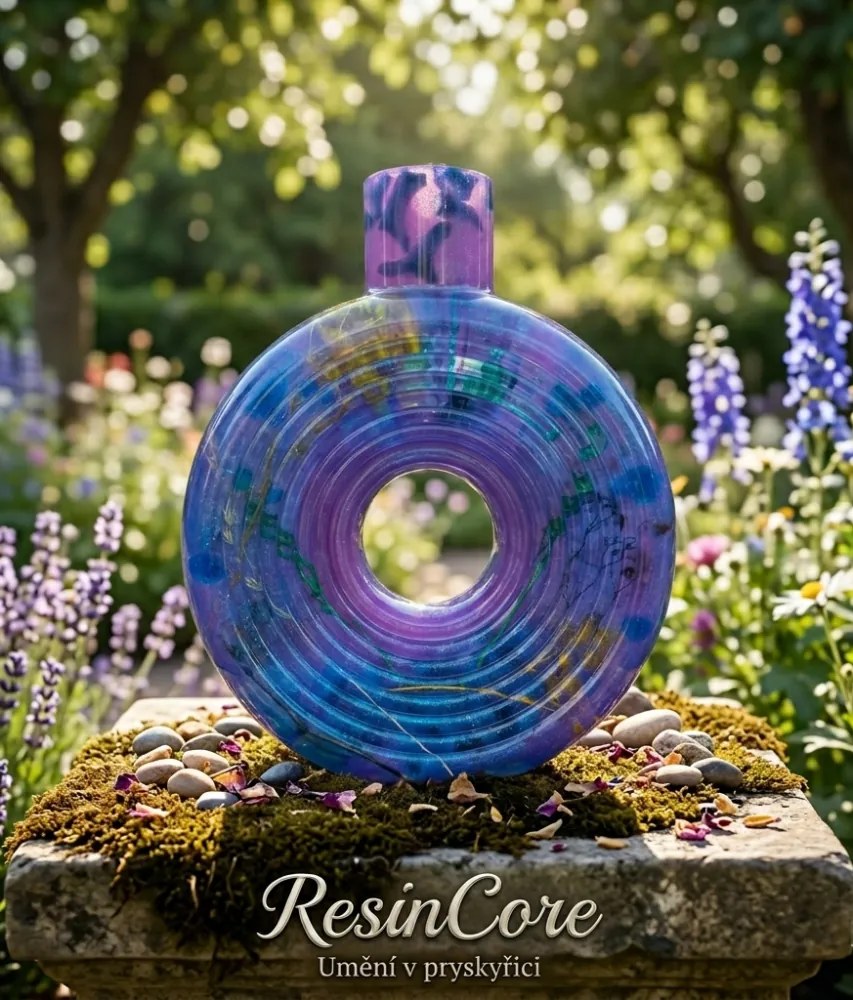 Designová váza z pryskyřice – vrstvená technika, drcené sklo, květiny (18 cm)