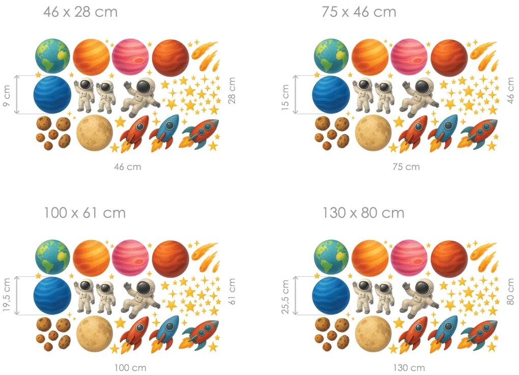 Kosmonauti planety a rakety samolepky na zeď arch 46 x 28 cm