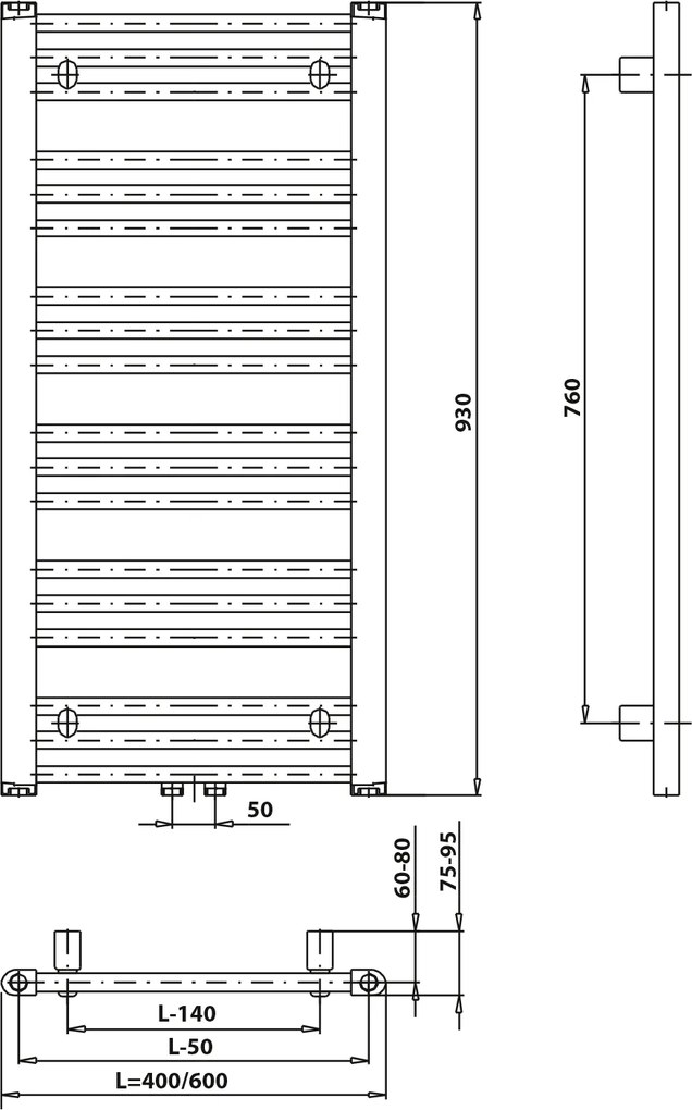 Bruckner Albrecht otopné těleso 400 x 930 mm středové připojení chrom 600.111.1