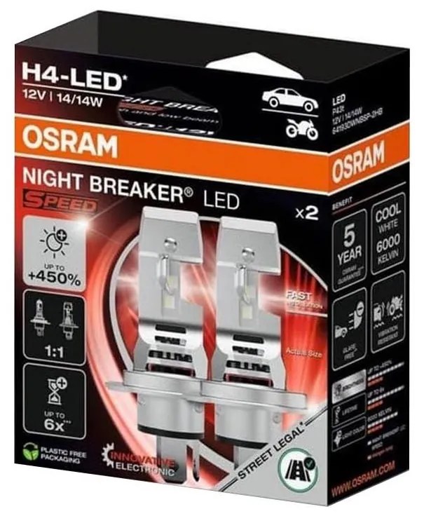 SADA 2x LED Autožárovka NIGHT BREAKER SPEED H4 P43T/14W/12V 6000K - Osram