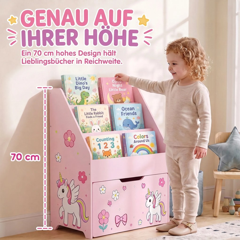 AIYAPLAY Montessori knihovna pro děti se zásuvkou, 3 patra, růžová