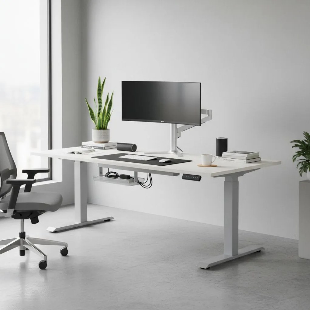 Výškově nastavitelný stůl OfficeTech D, 180 x 80 cm, šedá podnož, bílý jasan