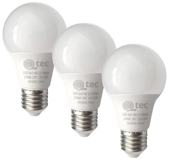 LED ŽÁROVKA QTEC E27 9W 2700K, 3 PACK