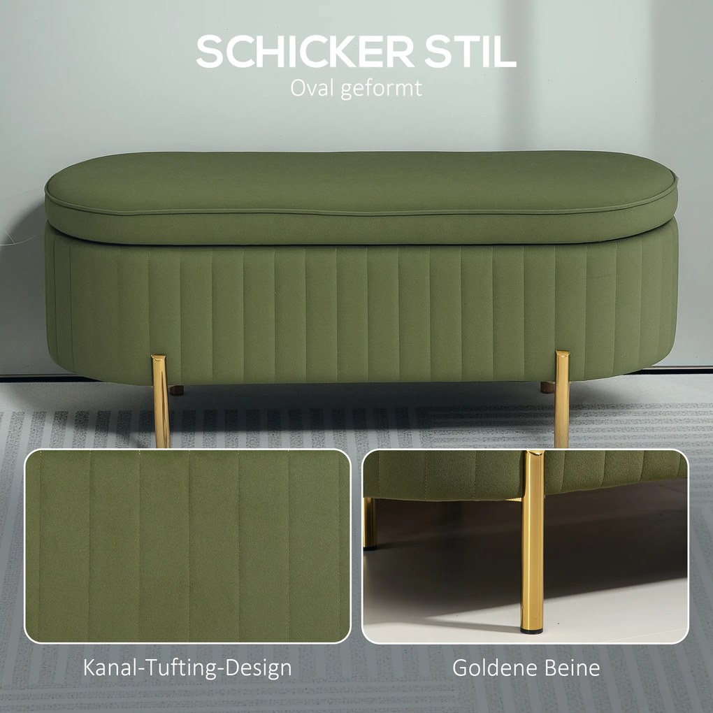 HOMCOM Oválná úložná lavice 72L s výklopným víkem a rýhovaným designem, moderní sametová tkanina a borovicové dřevo, 108x44x43,5 cm, tmavě zelená