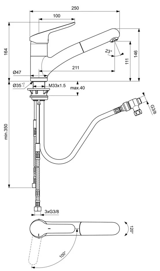 Ideal Standard Ceraflex - Kuchyňská baterie s vytahovací sprchou nízkotlaká, Chrom, BC144AA