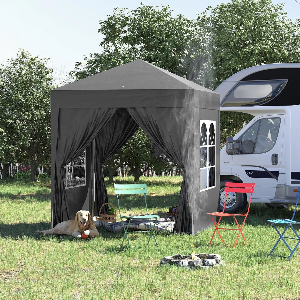 Skládací altán Outsunny 2x2m se 4 bočními stěnami a okny, UV ochrana, zahradní stan včetně tašky na přenášení, ocel oxford černá |