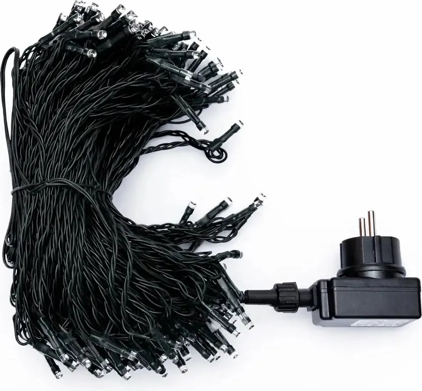 LED světelný řetěz, venkovní, 40 m, ledově bílá, 200 diod, černý kabel, IP44, vč. zdroje