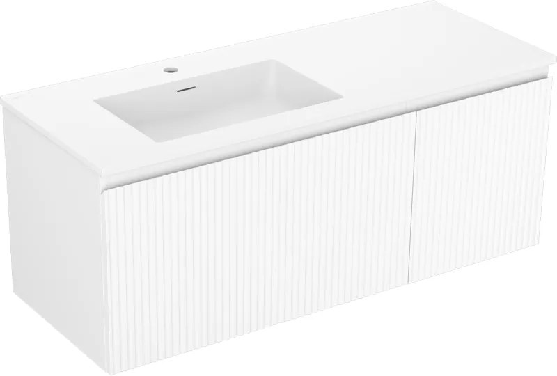Mexen Rivel, koupelnová skříňka 120 cm s levým umyvadlem Otis, 1S, 1D, drážkovaná, bílá matná, 91A23-12047-3-BBFF01-W18L01