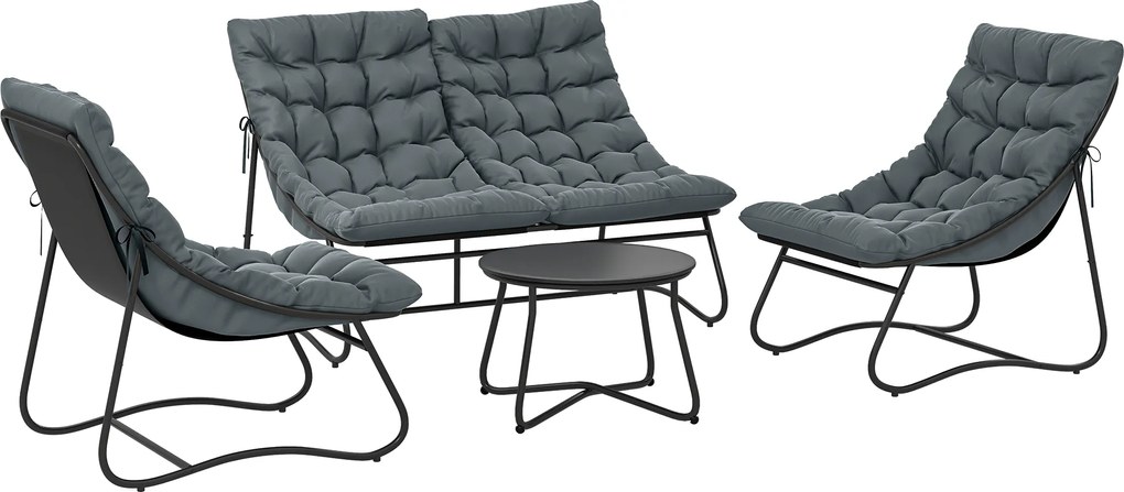 4-Sitzer Gartenmöbel-Set, 2 Stühle, 1 Doppel-Sofa, 1 Tisch, dicke Kissen, Stahlrahmen, für Terrasse, Grau