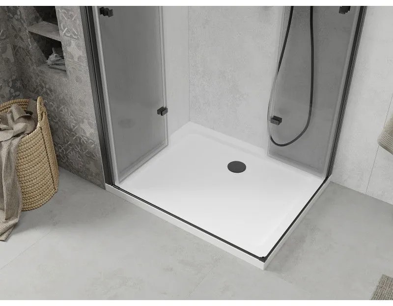 Mexen Lima Duo, sprchový kout s 2-křídlými skládacími dveřmi 90 (dveře) x 80 (dveře) cm, 6mm čiré sklo, černý profil + slim sprchová vanička 5cm bílá s černým sifonem, 856-090-080-70-02
