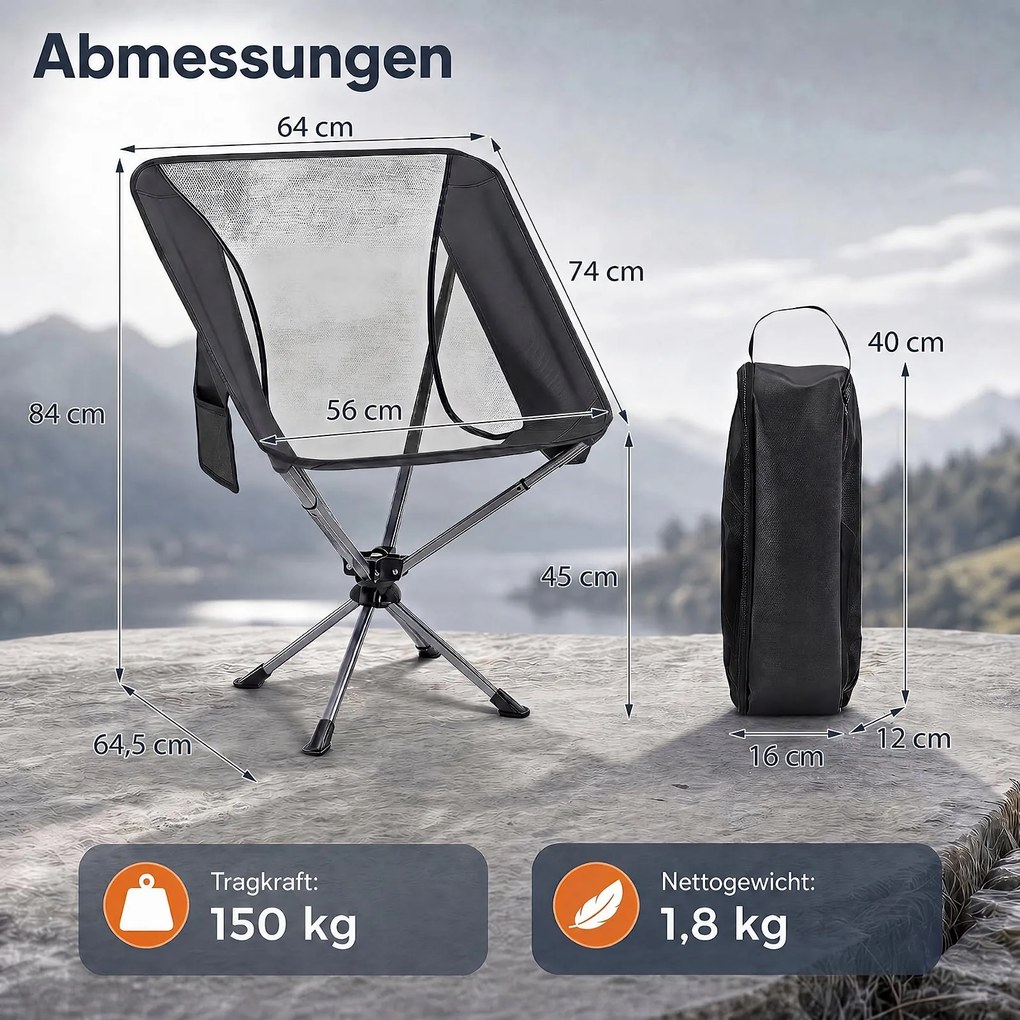 Costway Otočná kempingová židle, skládací židle, nosnost do 150 kg, s držákem