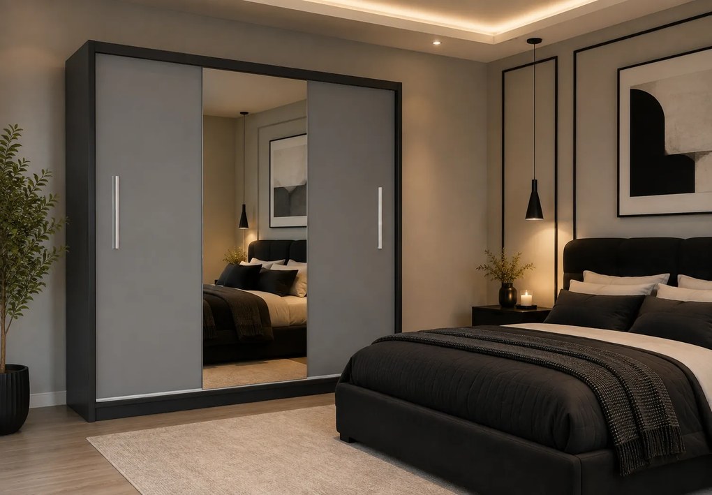 Šatní skříň s posuvnými dveřmi 200 cm PRIMO se zrcadlem šedá matná  MES PRIMO SZP1/1/B/SR/0/AL