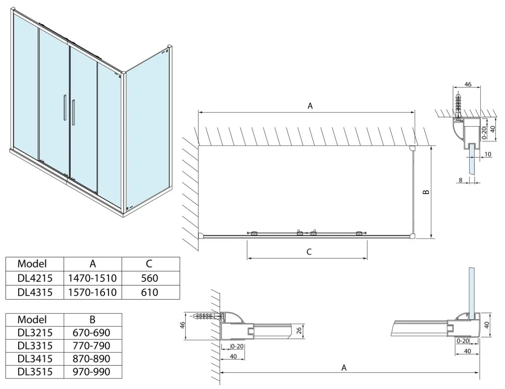 Polysan LUCIS LINE sprchová boční stěna 900mm, čiré sklo DL3415