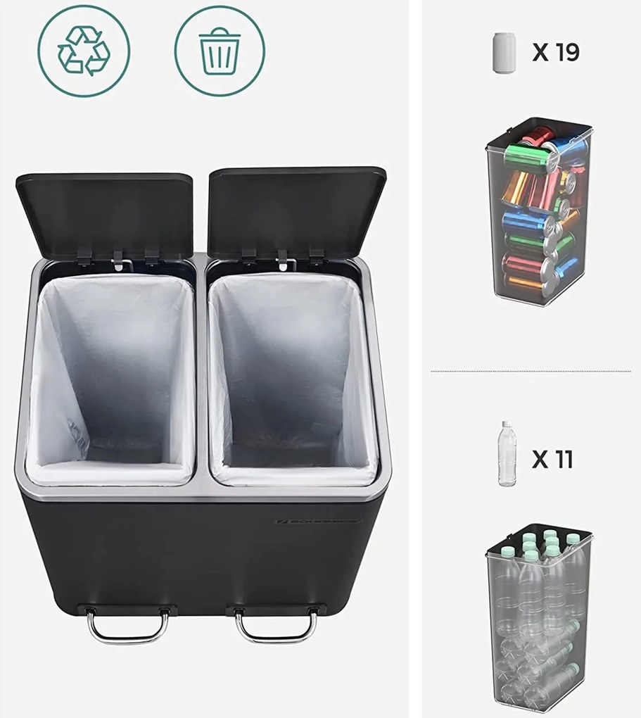 Kuchyňský odpadkový koš, 2 x 15 litrů, černý