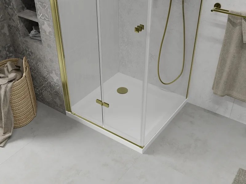 Mexen Lima sprchový kout se skládacími dveřmi 100 x 100 cm, 6mm čiré sklo, zlatý profil + sprchová vanička Slim, 856-100-100-50-00-4010