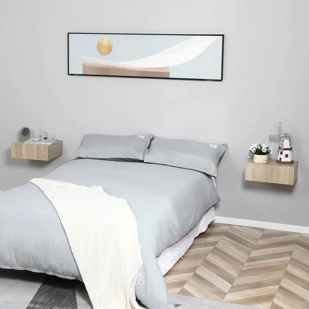 HOMCOM Sada 2 Floating Nočních Stolků s 1 Šuplíkem, Nástěnný Design Moderní Styl pro Ložnici 40x30x15 cm Přírodní