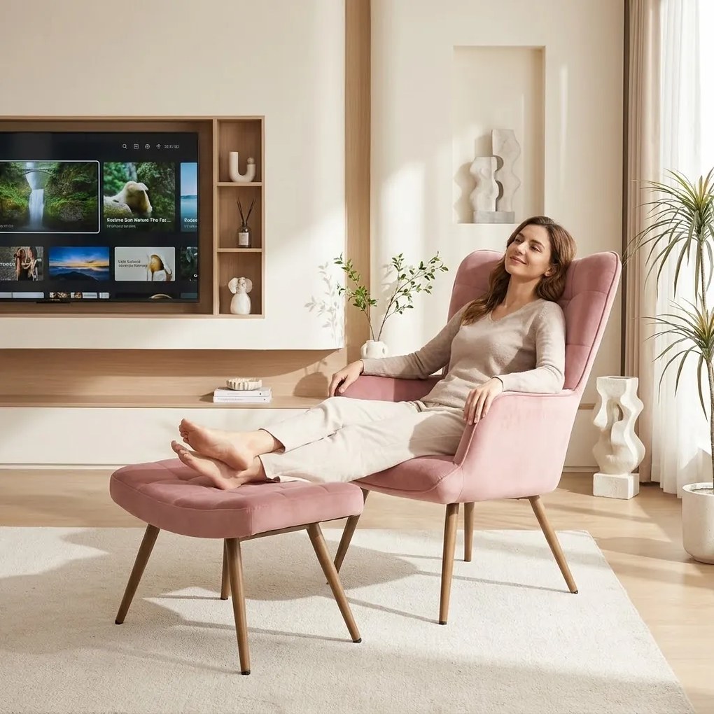 Křeslo ušák LUMEN s podnožkou - Velvet látka, růžová