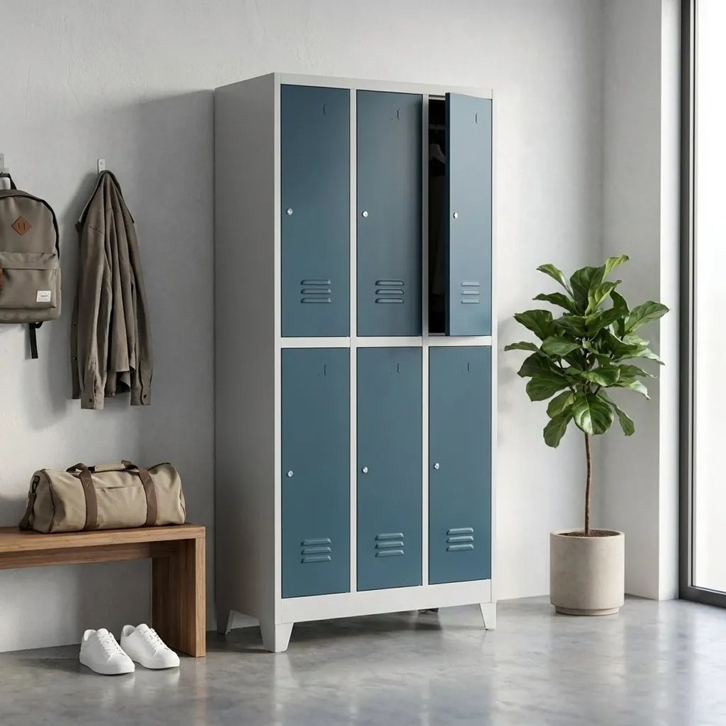 Kovová šatní skříňka - 6 boxů, 90 x 45 x 195 cm, pevné nohy, cylindrický zámek, antracitová - ral 7016