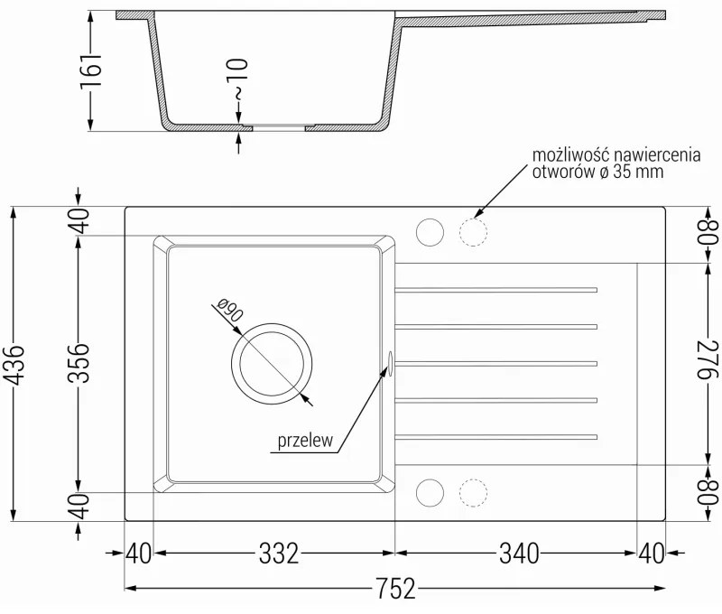Mexen Pablo, granitový dřez 752x436x161 mm, 1-komorový a dřezová baterie Carla, bílá, 6510-20-670700-50