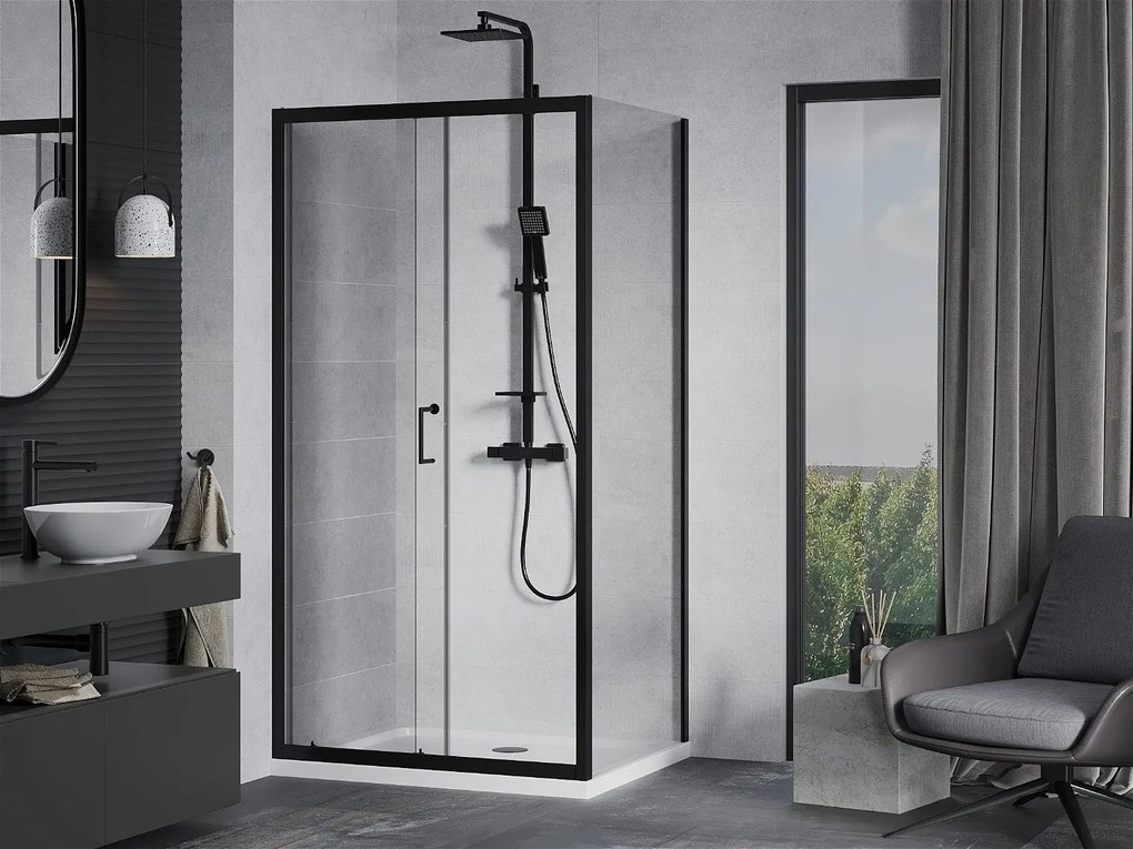 Mexen Apia sprchový kout s posuvnými dveřmi 120 (dveře) x 100 (stěna) cm, 5mm čiré sklo, černý profil + bílá sprchová vanička SLIM, 840-120-100-70-00-4010B