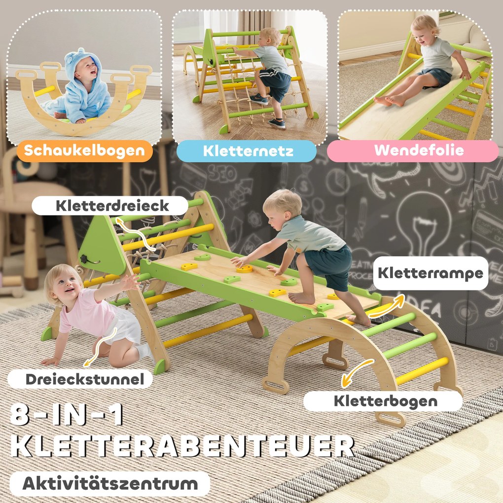montessori prolézačka 8 v 1 vnitřní dřevěný lezecký trojúhelník s lezeckým obloukem, oboustranná skluzavka, zelená barva