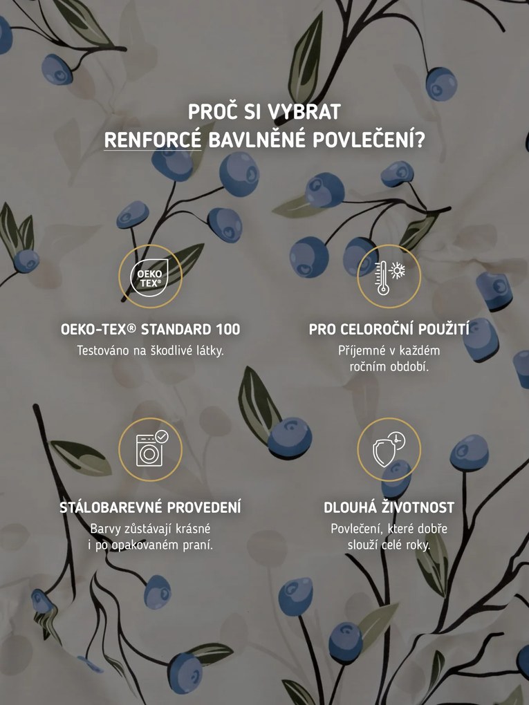 MK Lůžkoviny Bavlněné povlečení Renforcé - Borůvky přírodní 140 × 200 cm, 70 x 90 cm