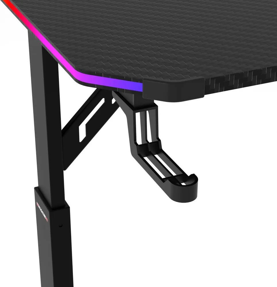 Výškově nastavitelný herní stůl ERACER H1216 — 160x60 cm, kov, melamin, černá, RGB podsvícení