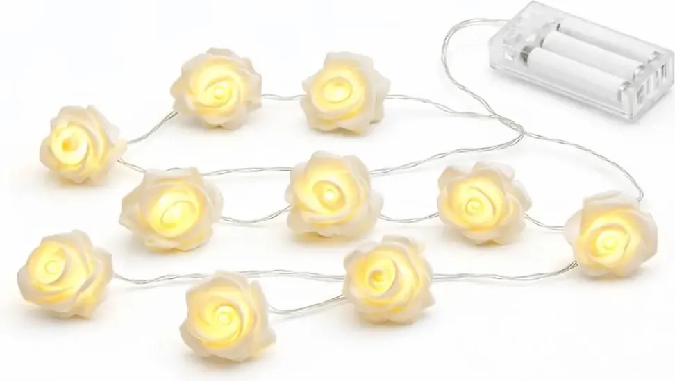 LED světýlka na baterie, růžičky, 1,8 m, teple bílá, 10 diod, čirý kabel, IP20 interiér, 2× AA