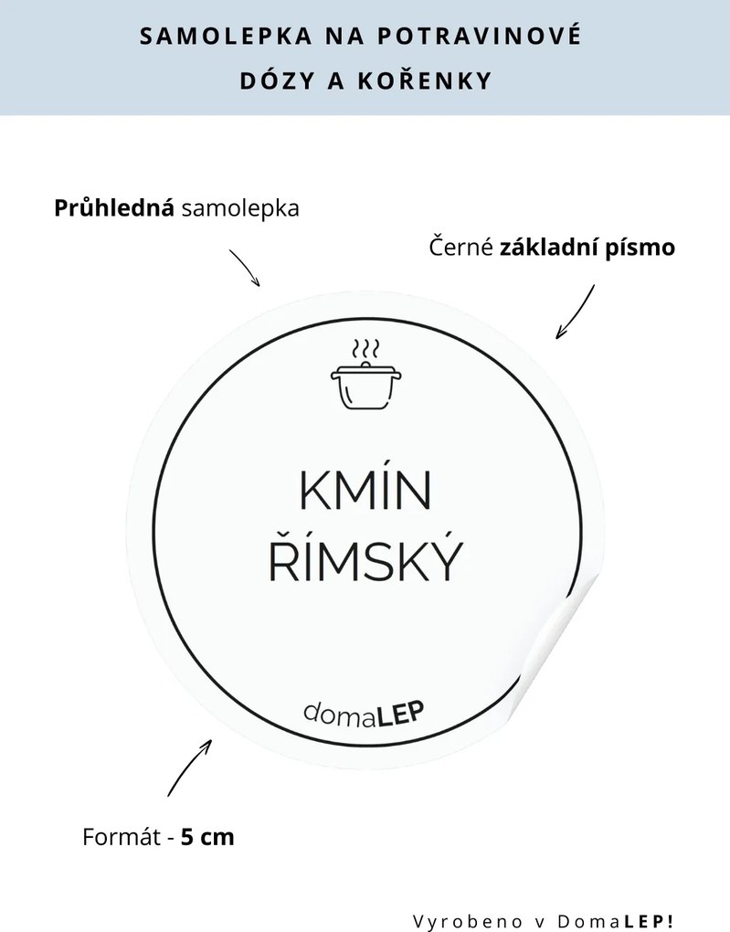 Samolepka na kořenky KMÍN ŘÍMSKÝ průhledná 5 cm základní písmo