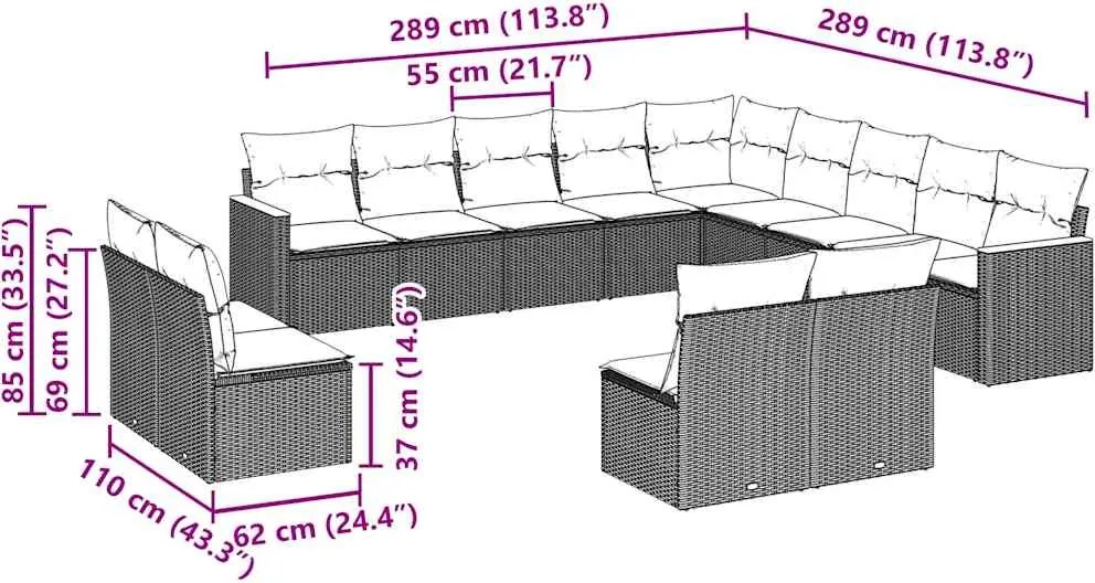 13dílný zahradní sedací souprava s poduškami černý polyratan 3258885